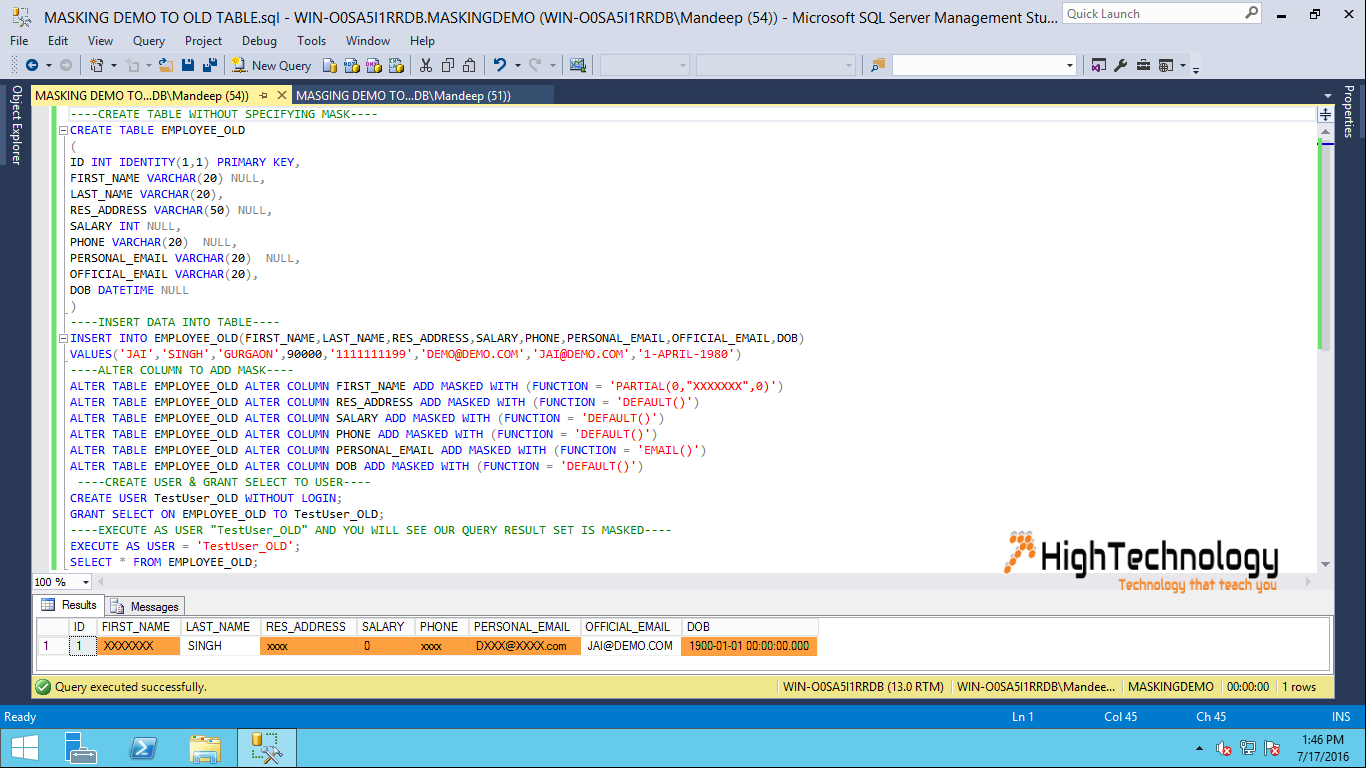 Dynamic Data Masking SQL Server 2016 - HighTechnology Dynamic Data Masking SQL Server 2016 - HighTechnology